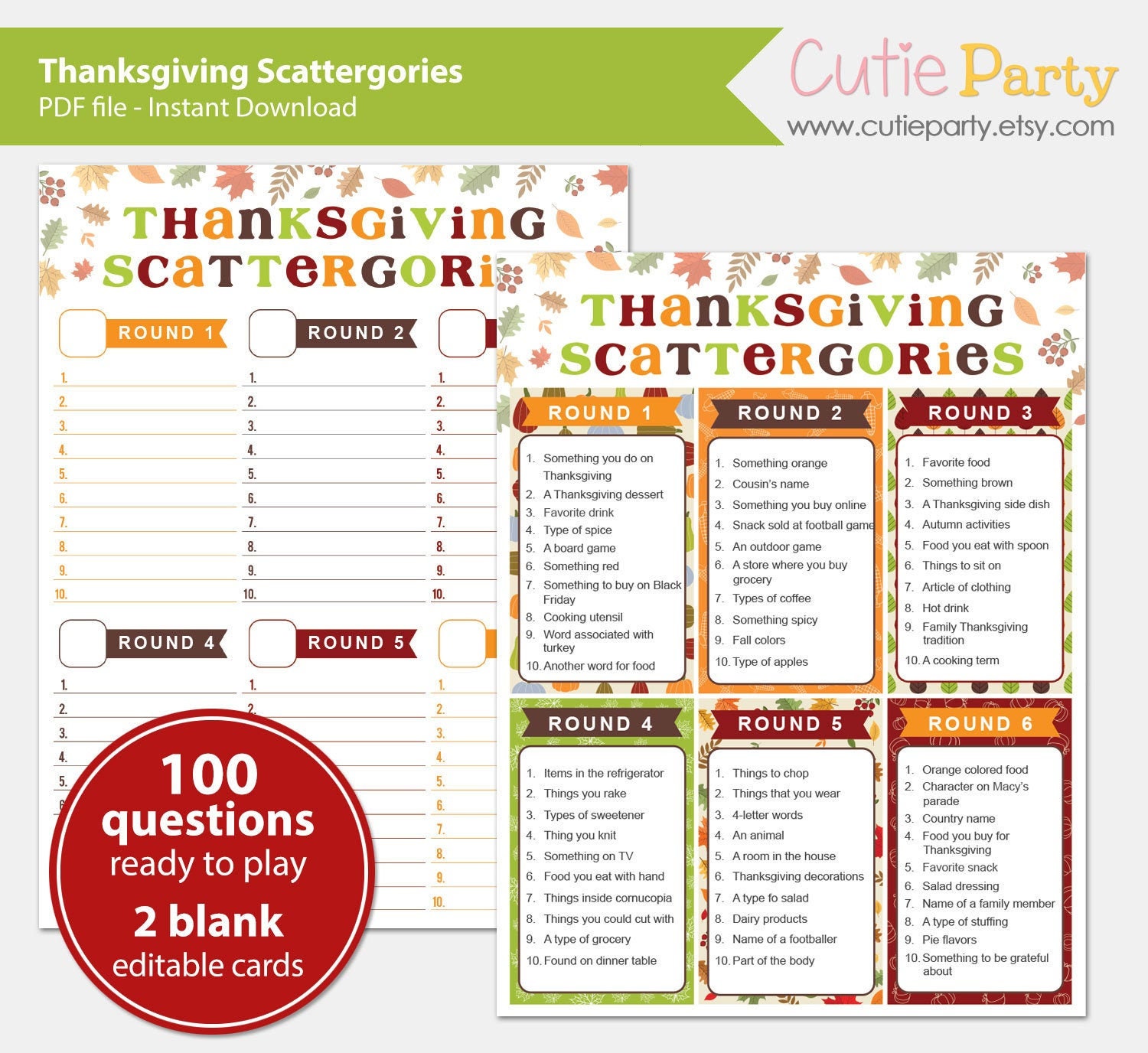 Thanksgiving Scattergories Fall Holiday Game Template - Etsy