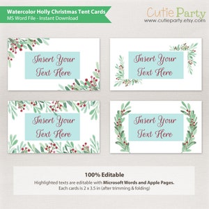 Watercolor Christmas Tent Card, Holly Christmas Party Printable ...