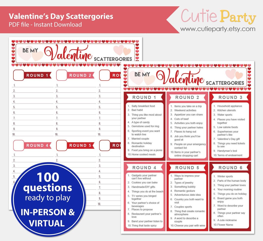 Valentines Day Scattergories, Valentine Word Game, Couple Trivia Game ...