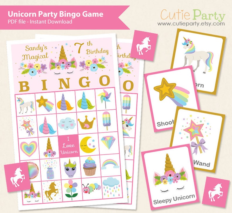 Unicorn Party Bingo Game Girl Birthday Party Bingo Game | Etsy