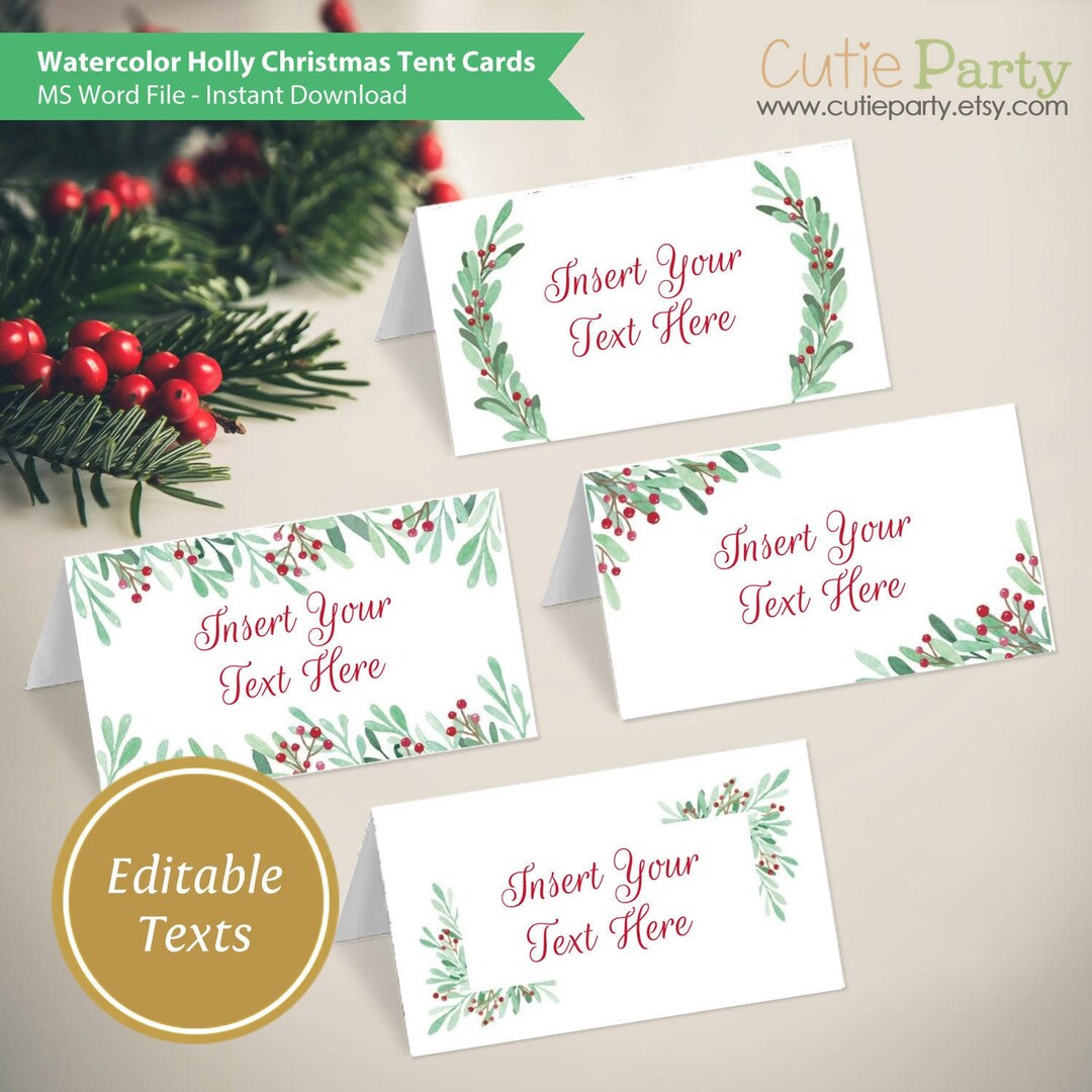 Watercolor Christmas Tent Card, Holly Christmas Party Printable ...