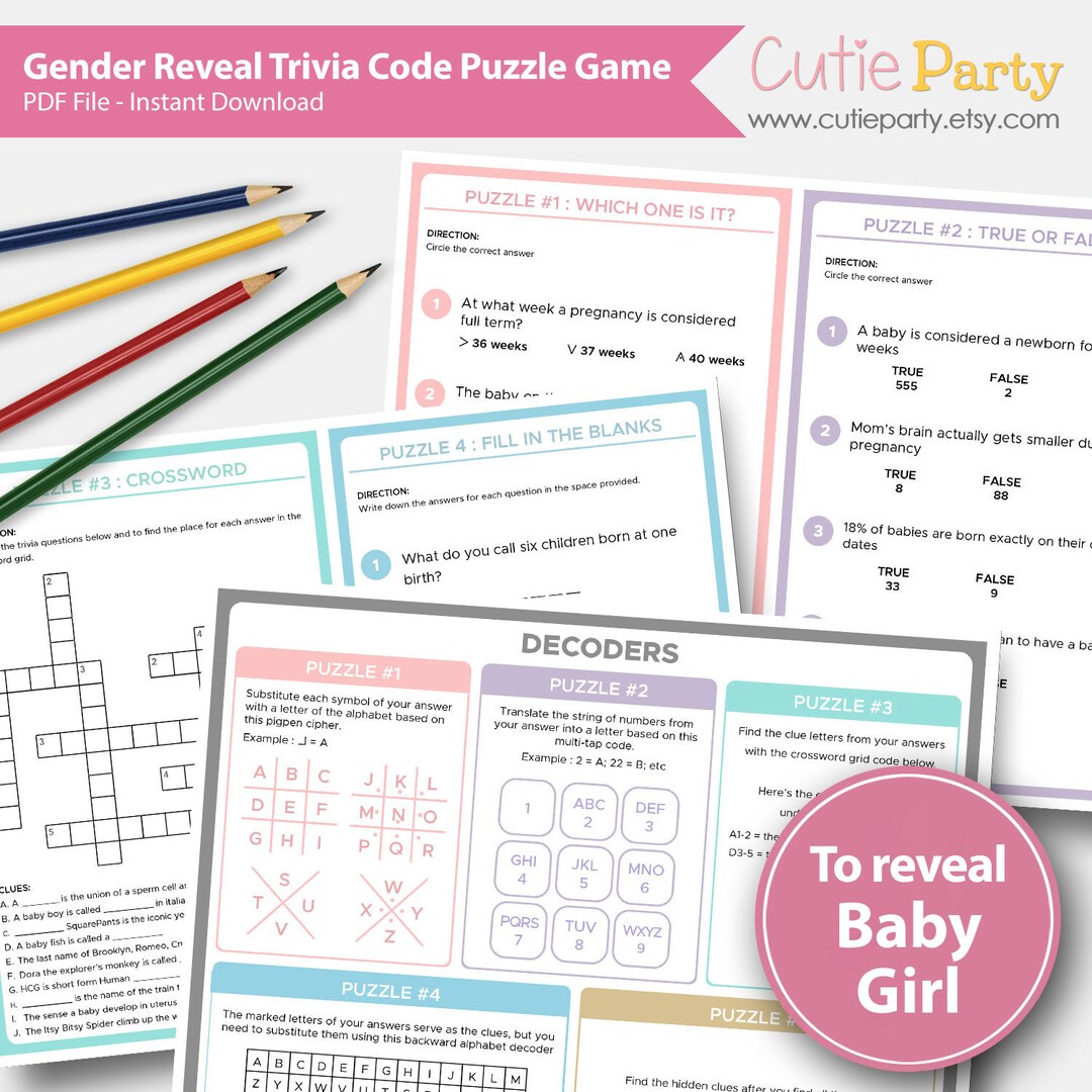 Gender Reveal Trivia Code Puzzle Game, Gender Reveal Baby Shower Game ...