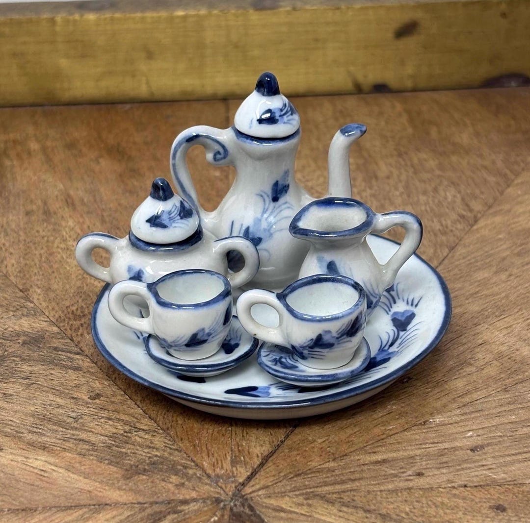 Vintage Miniature Delft Blue Style Porcelain Tea Set With Tray 10 Piece ...
