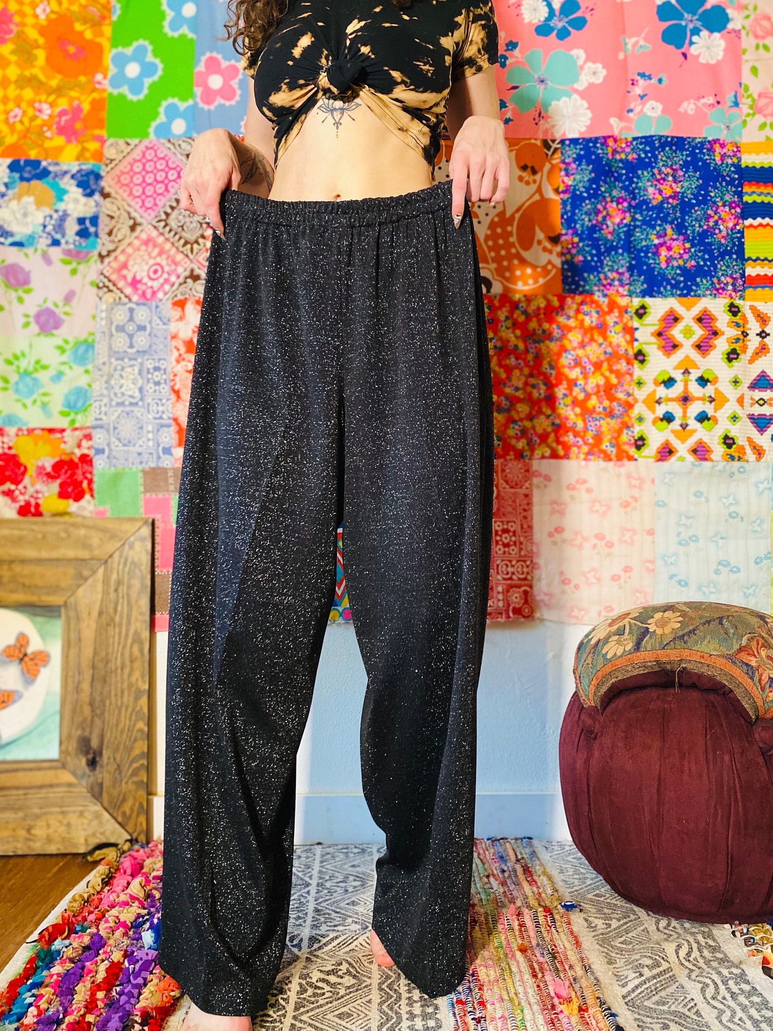 90s Grey Sparkle Lounge Pants Wide Leg Metallic Pants Sparkle Pants ...