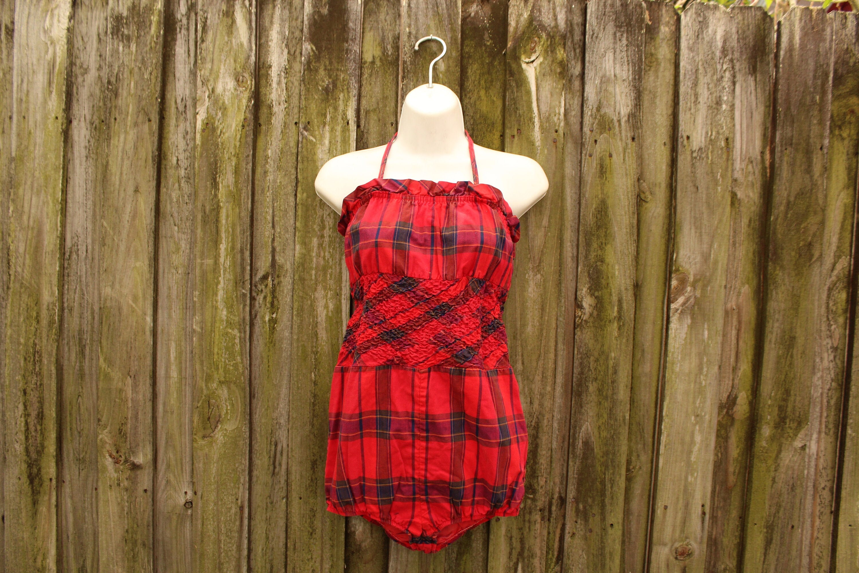 1950s Antique Plaid Bathing Suit - Retro Cotton Bathing Suit - 1950s ...