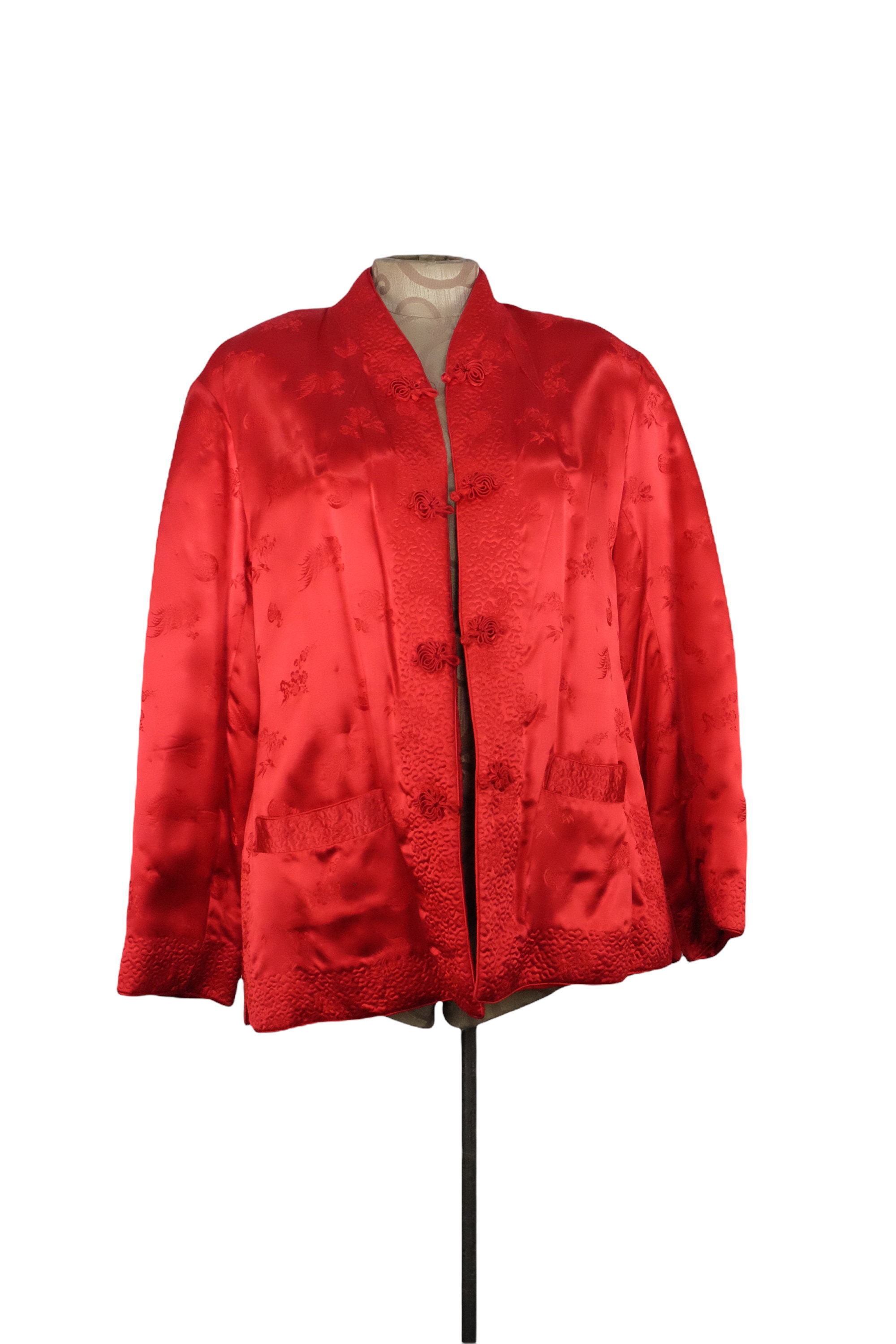 Chinese-style Red Silky Jacket Red Floral Asian Nehru Asian-style Shiny ...