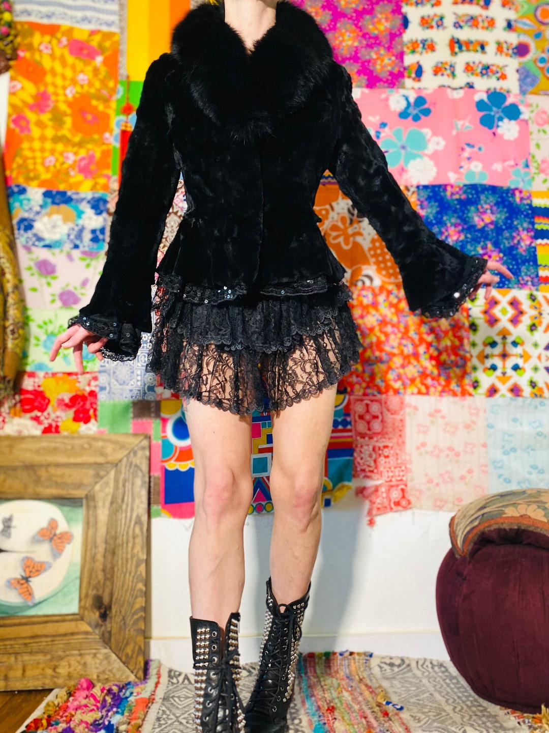 Embellished Black Fur Coat Black Rabbit Fur Coat Fox Fur Coat Sequin ...