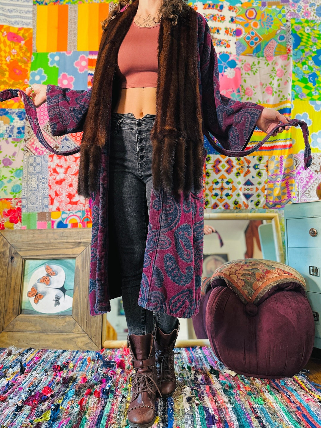 OOAK Mink Tails Terry Robe Paisley Terry Cloth Robe Upcycled Robe ...