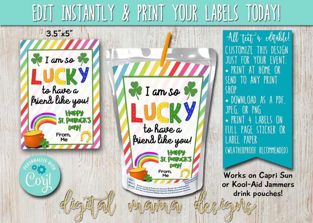 EDIT YOURSELF - PRINTABLE St Patrick's Day Caprisun Label - St. Patty's ...
