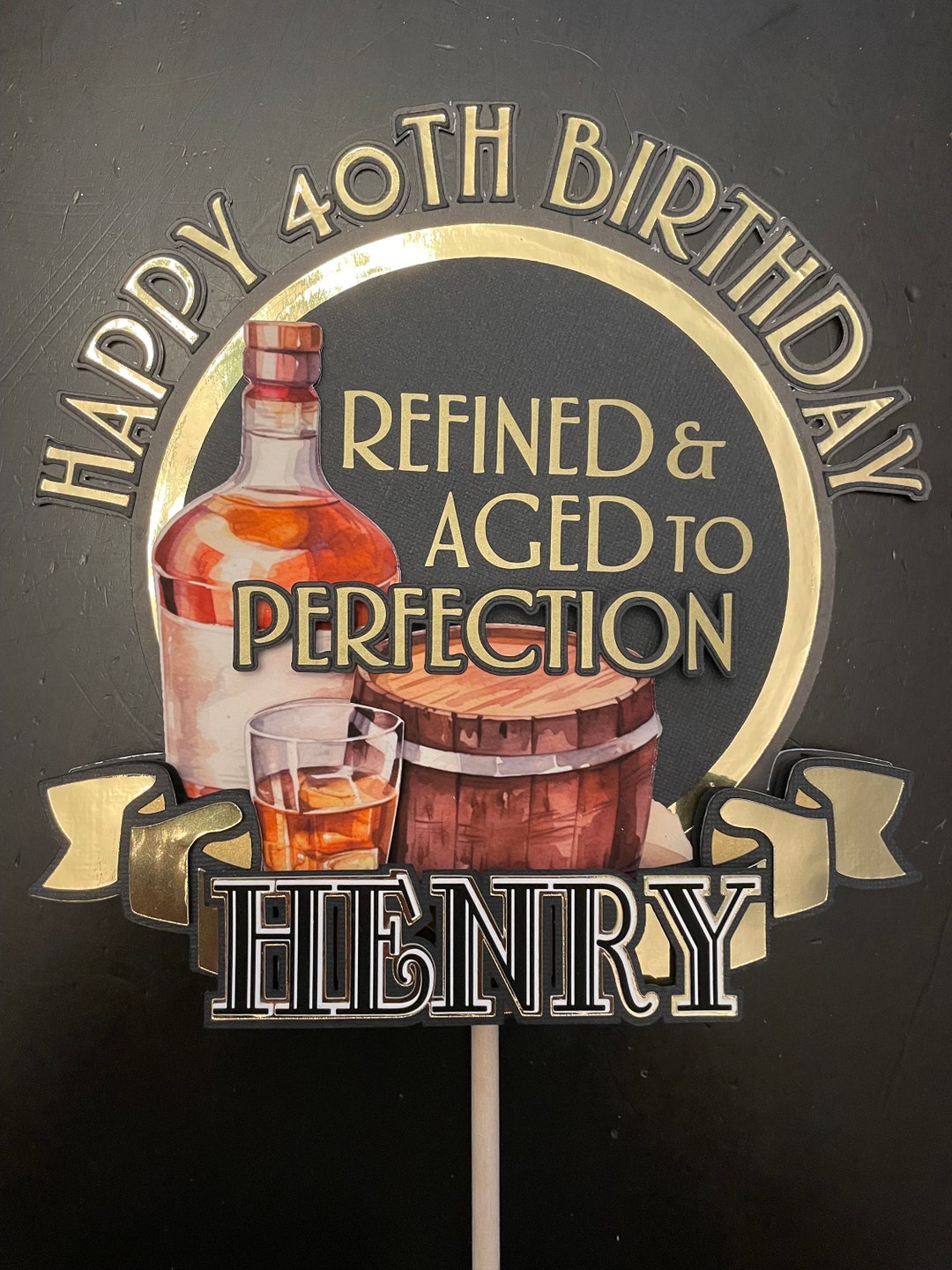 Masculine Birthday Cake Topper: Whiskey Theme, Gold Accents ...
