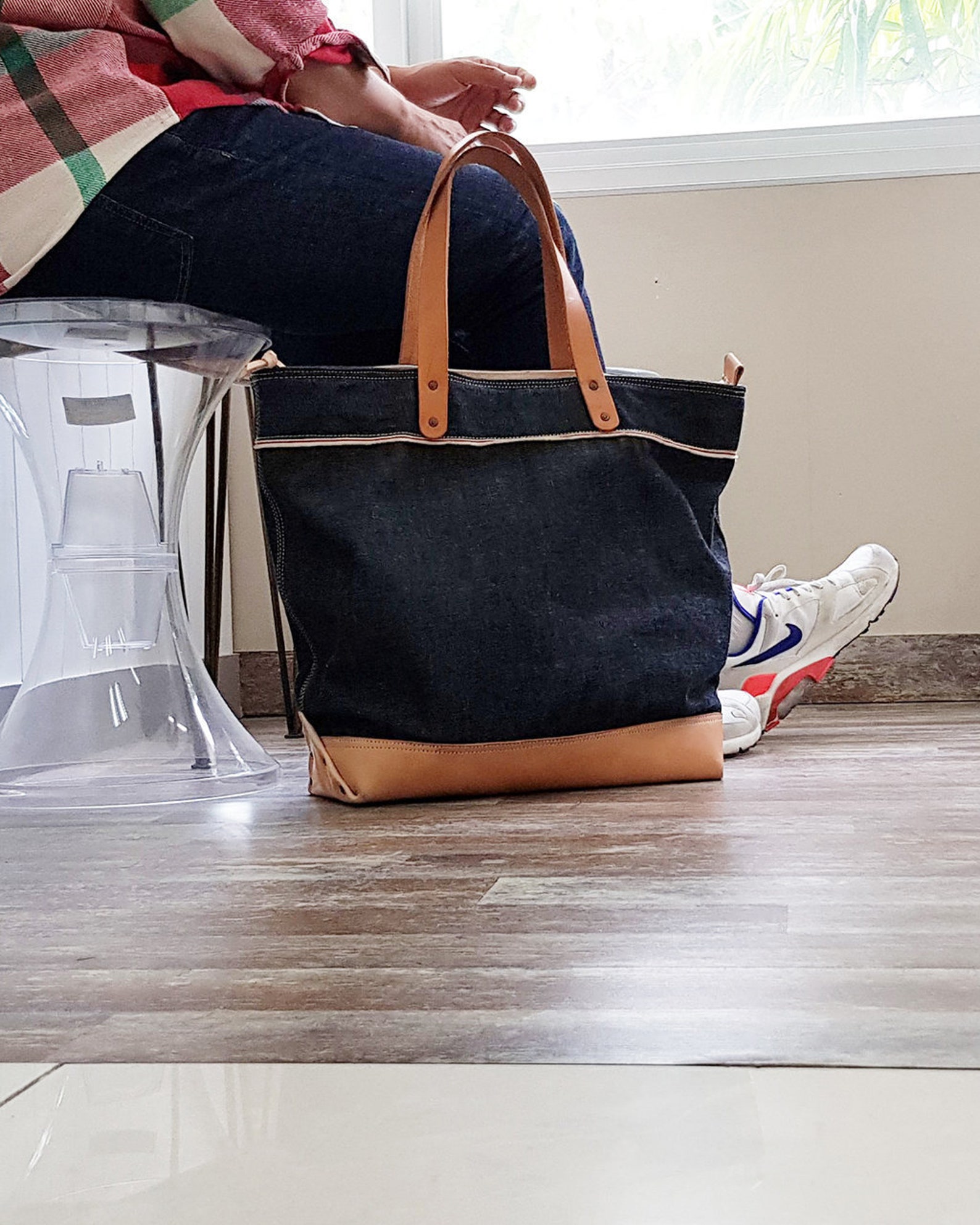 Blue Jean Tote Large Denim and Leather Bag Oversized Tote Bag | Etsy