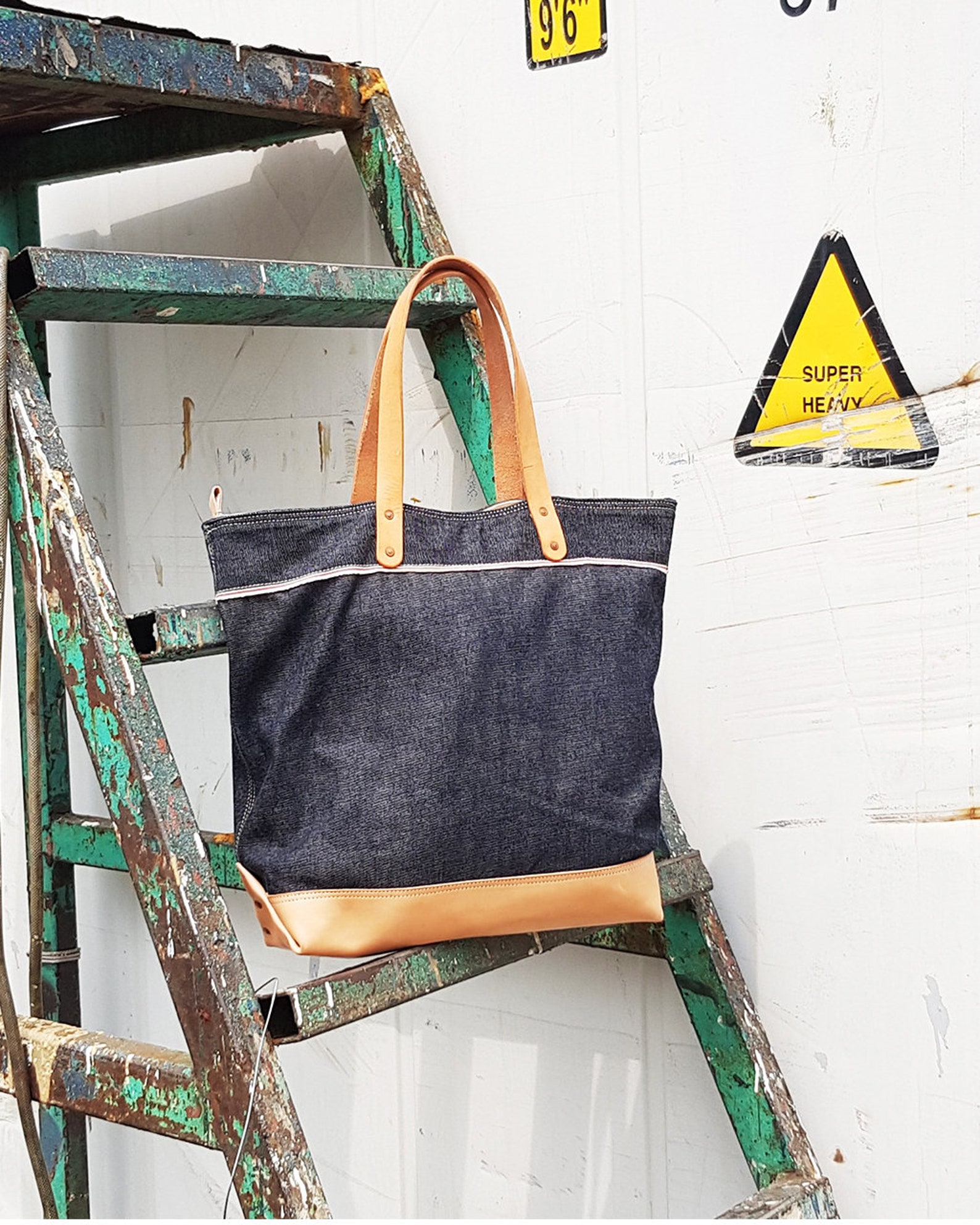 Blue Jean Tote Large Denim and Leather Bag Oversized Tote Bag | Etsy