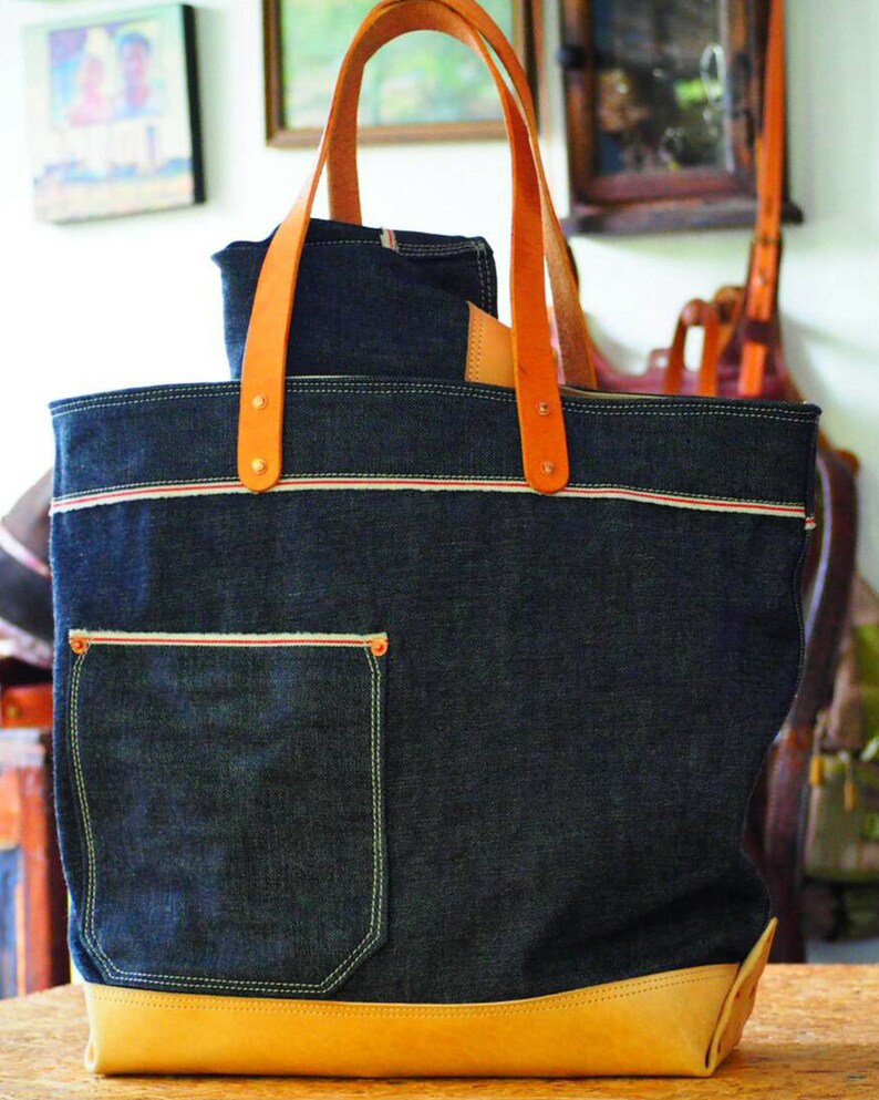 Blue Jean Tote Large Denim and Leather Bag Oversized Tote Bag | Etsy
