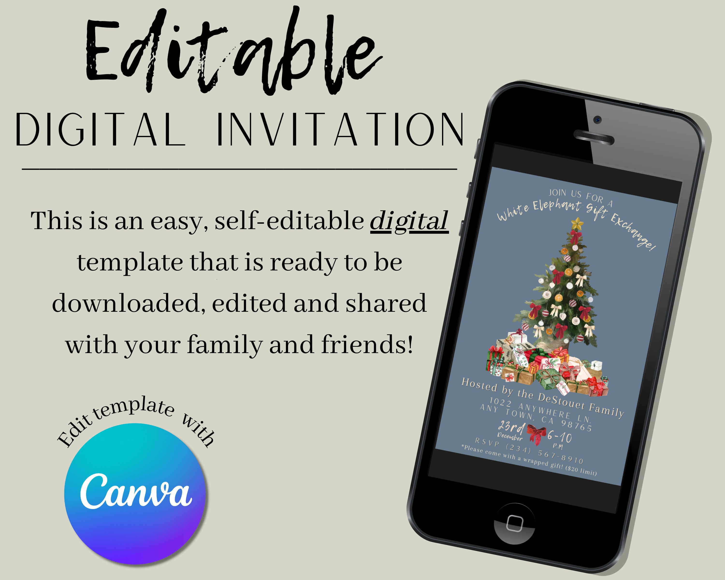 White Elephant Christmas Party Invite, Holiday Invitation, Editable ...
