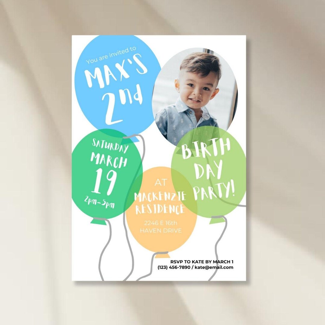 Editable Children's Balloon Birthday Party Invitation Canva Digital ...