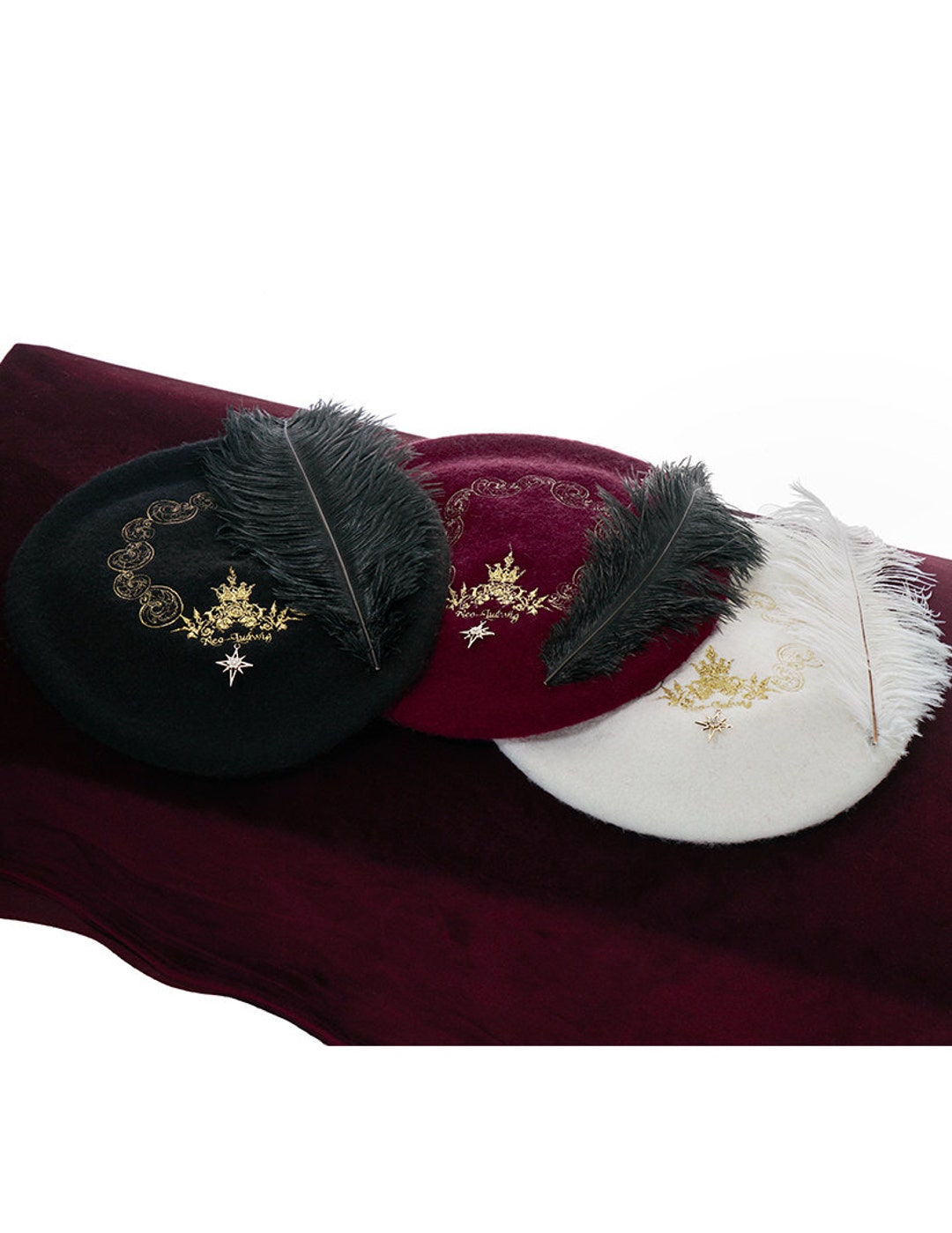 Gothic Elegant Retro Large Embroidery Wool Beret & Feather - Etsy