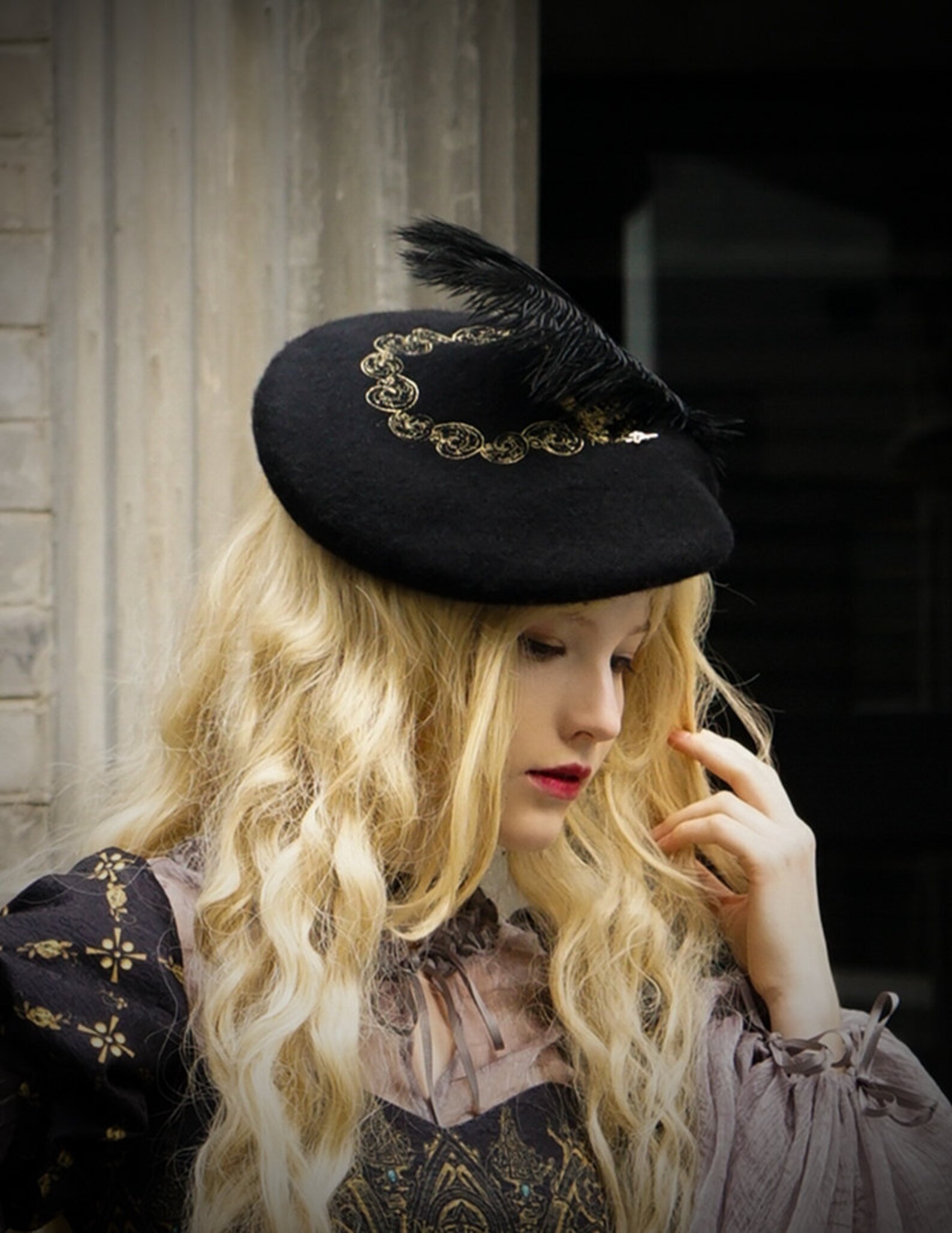 Gothic Elegant Retro Large Embroidery Wool Beret & Feather | Etsy