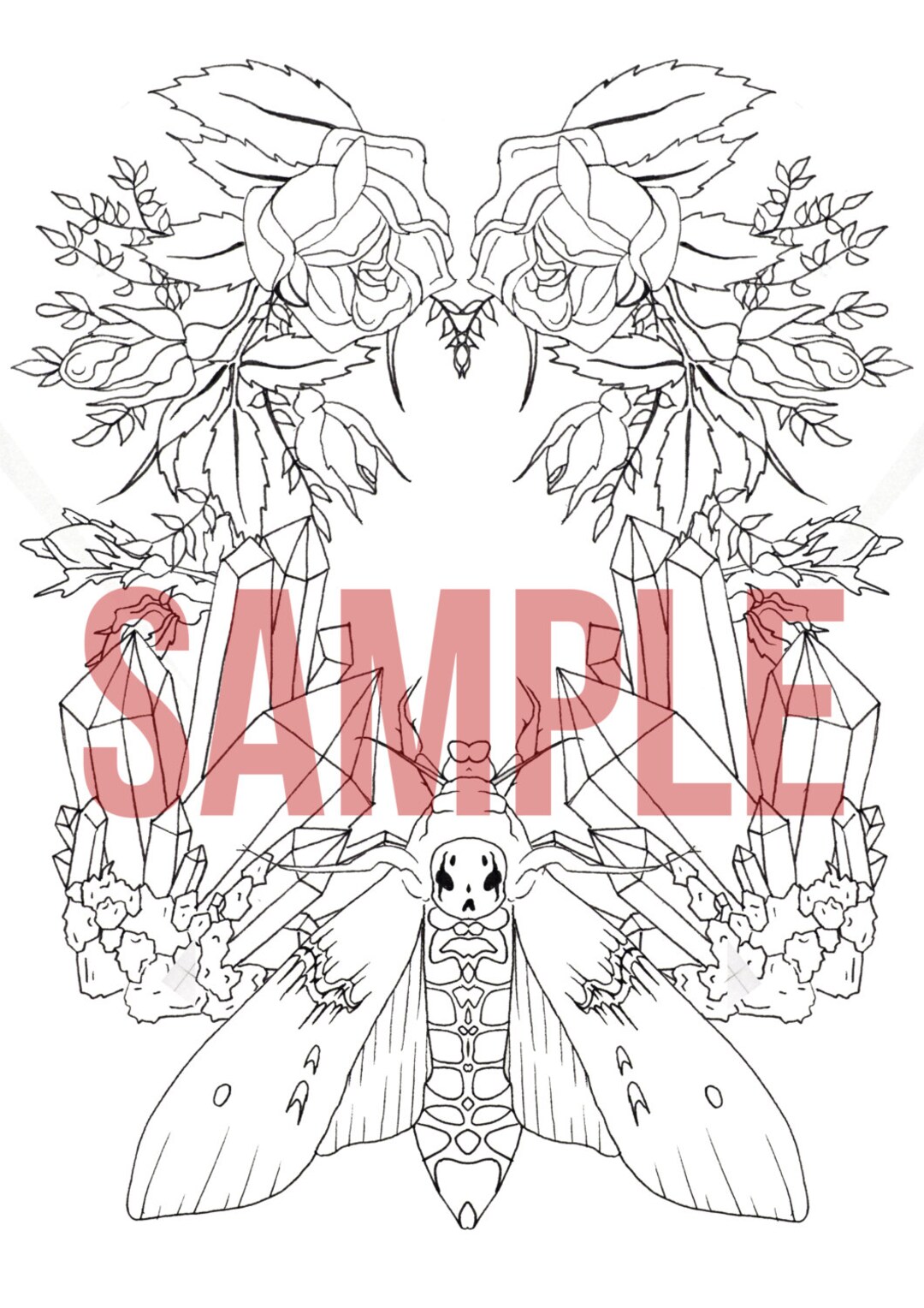 Death's Head Hawk Moth and Crystals Adult Colouring Page With Flowers ...
