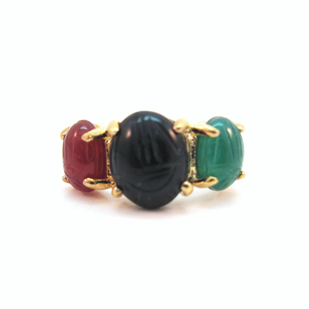 Vintage Genuine Scarab Carved Gemstone Ring in Gold-plated Sterling ...