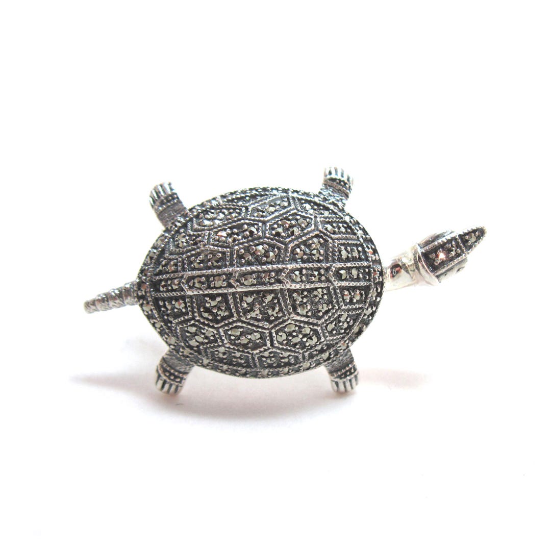 Vintage Sterling Silver and Marcasite TURTLE Brooch W/emerald Eyes ...