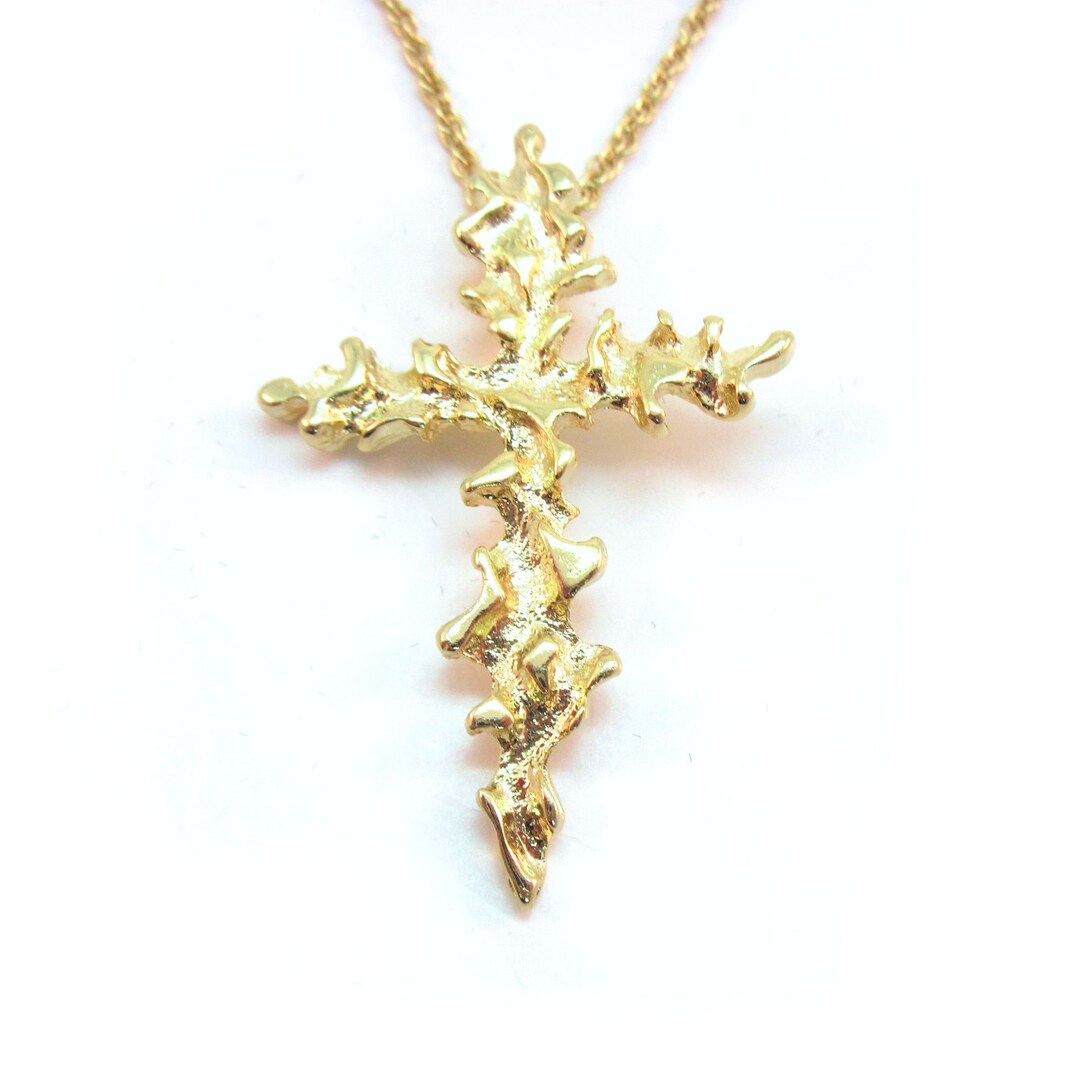 Vintage Shiny Gold Plated Thorny Cross Pendant With 20" Chain - Etsy