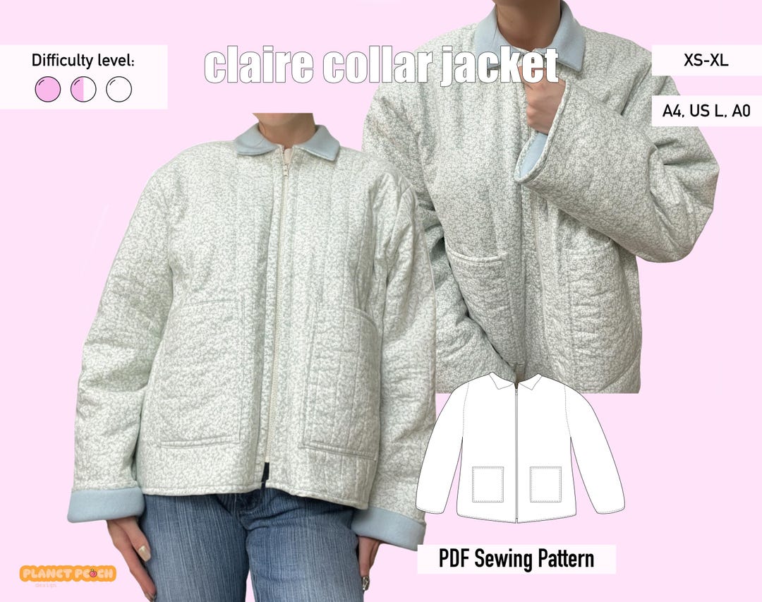Oversized Collar Quilted Jacket Sewing Pattern PDF: Womens Winter ...