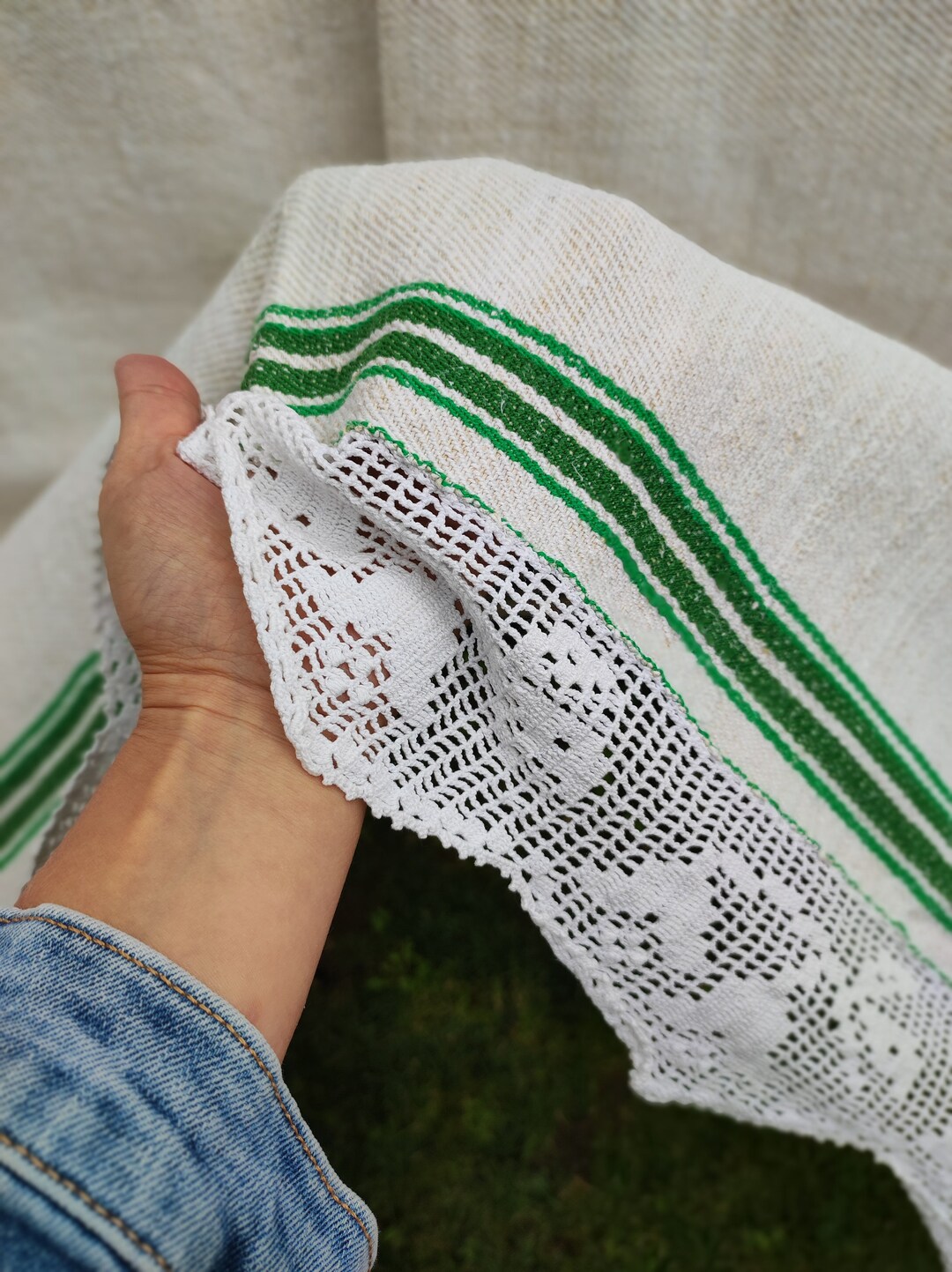 Antique Green Grain Sack Bedspread With Lace, Country Floral Hungarian ...