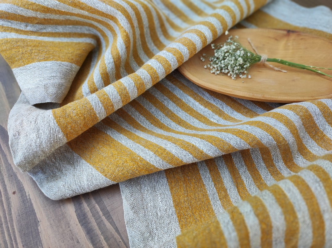 Ochre Orange Striped Linen Table Runner - Farmhouse Stonewashed ...