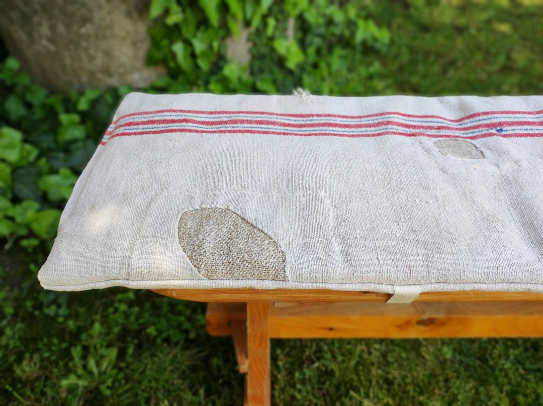 Patched Red Blue Grain Sack Bench Cushion, Small Picnic Table Seat Pad ...