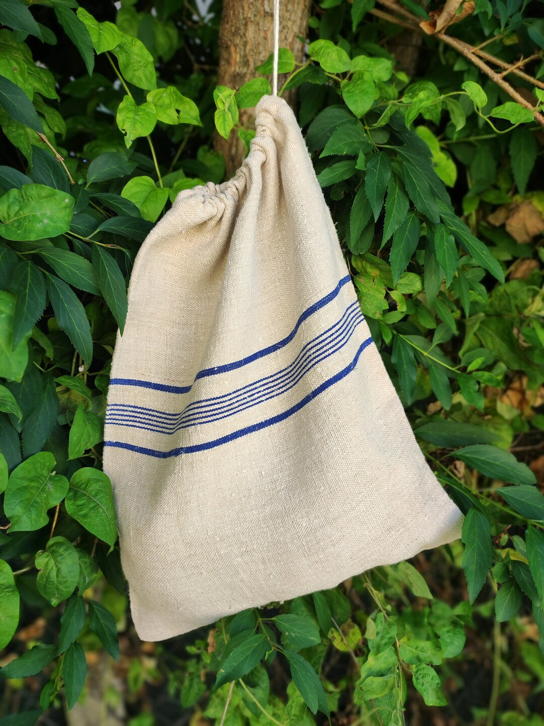 Grain Sack Drawstring Laundry Bag, Blue Stripe Feedsack Wall Pocket ...