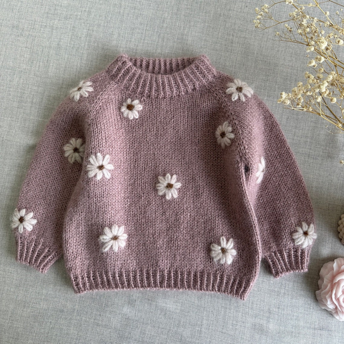 Daisy Pullover Knitted Baby Girl Pullover Daisy Embroidery I ...