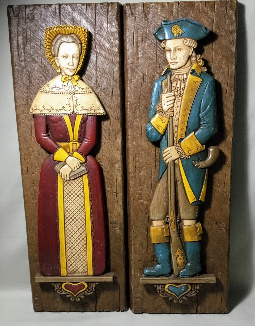 Vintage Syroco Colonial Wall Plaques Set, 1966 Early American Couple ...