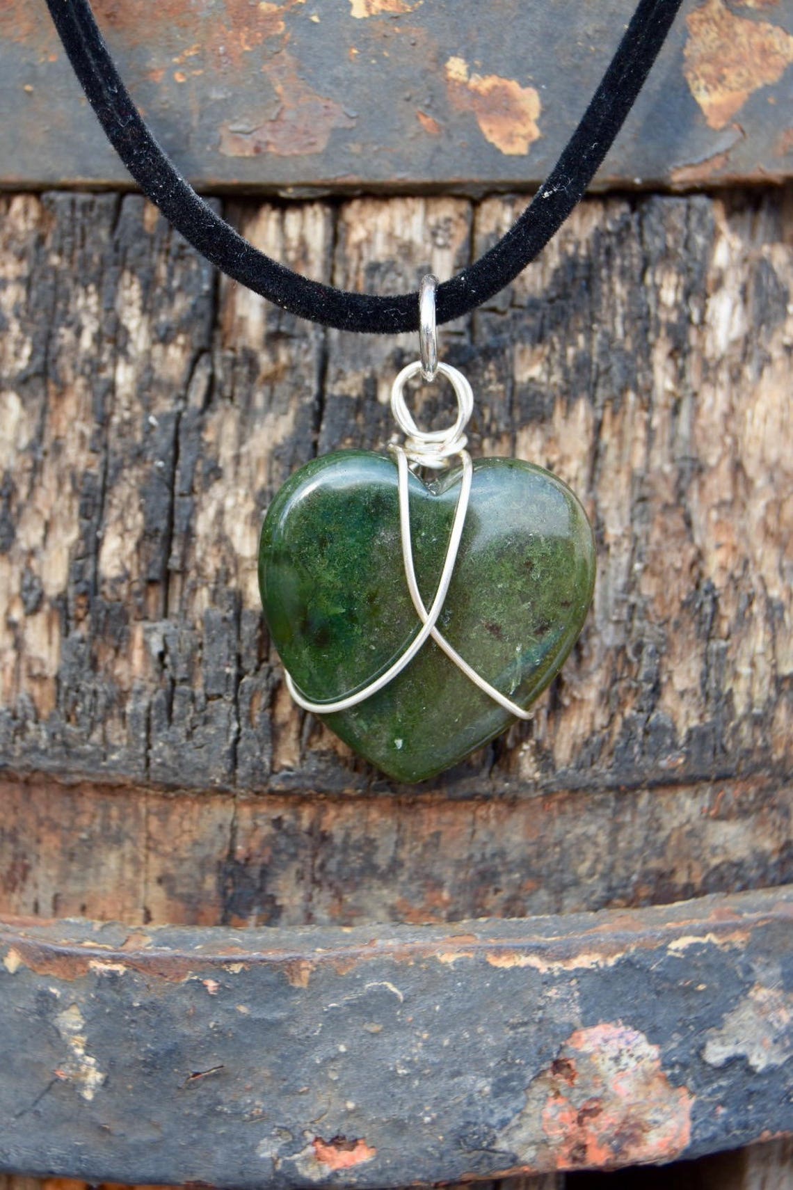 Jade Heart Pendant/wire Crossed Jade Stone/handmade and Unique/solid ...