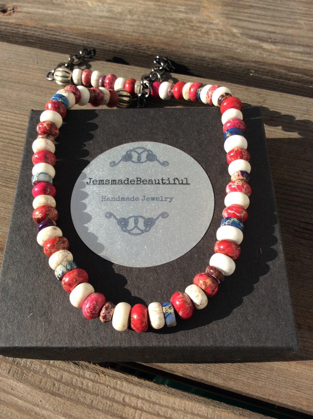 Red White and Blue/beaded Necklace/rondelle White and Red Beads/one of ...