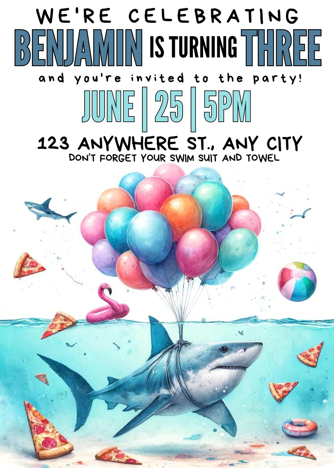 Shark Pool Party Birthday Invitation, Editable Invitation, Shark Pool ...