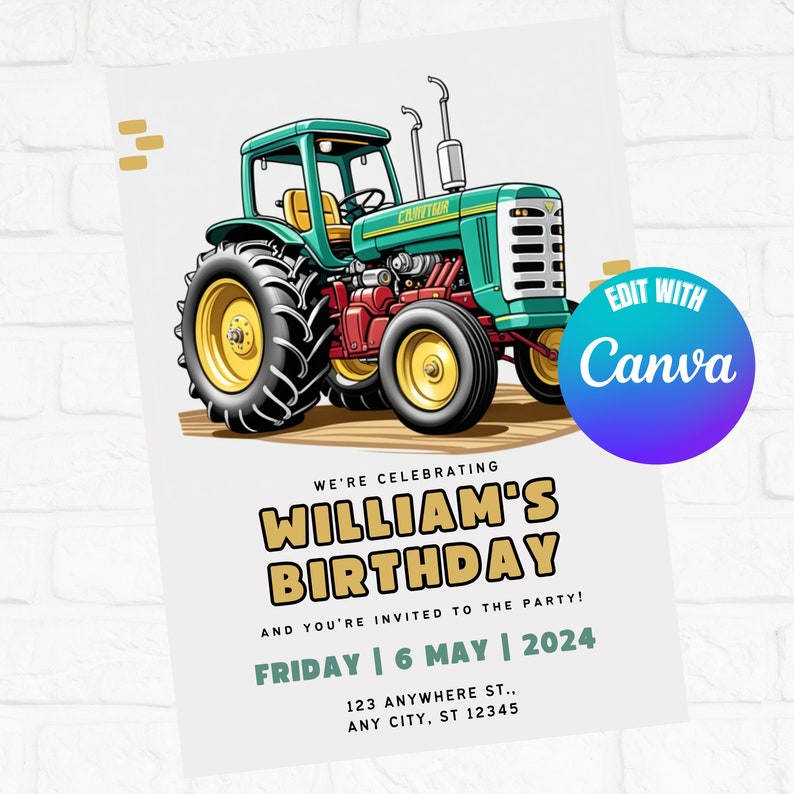 Tractor Birthday Invitation, Editable Tractor Invitation, Tractor ...