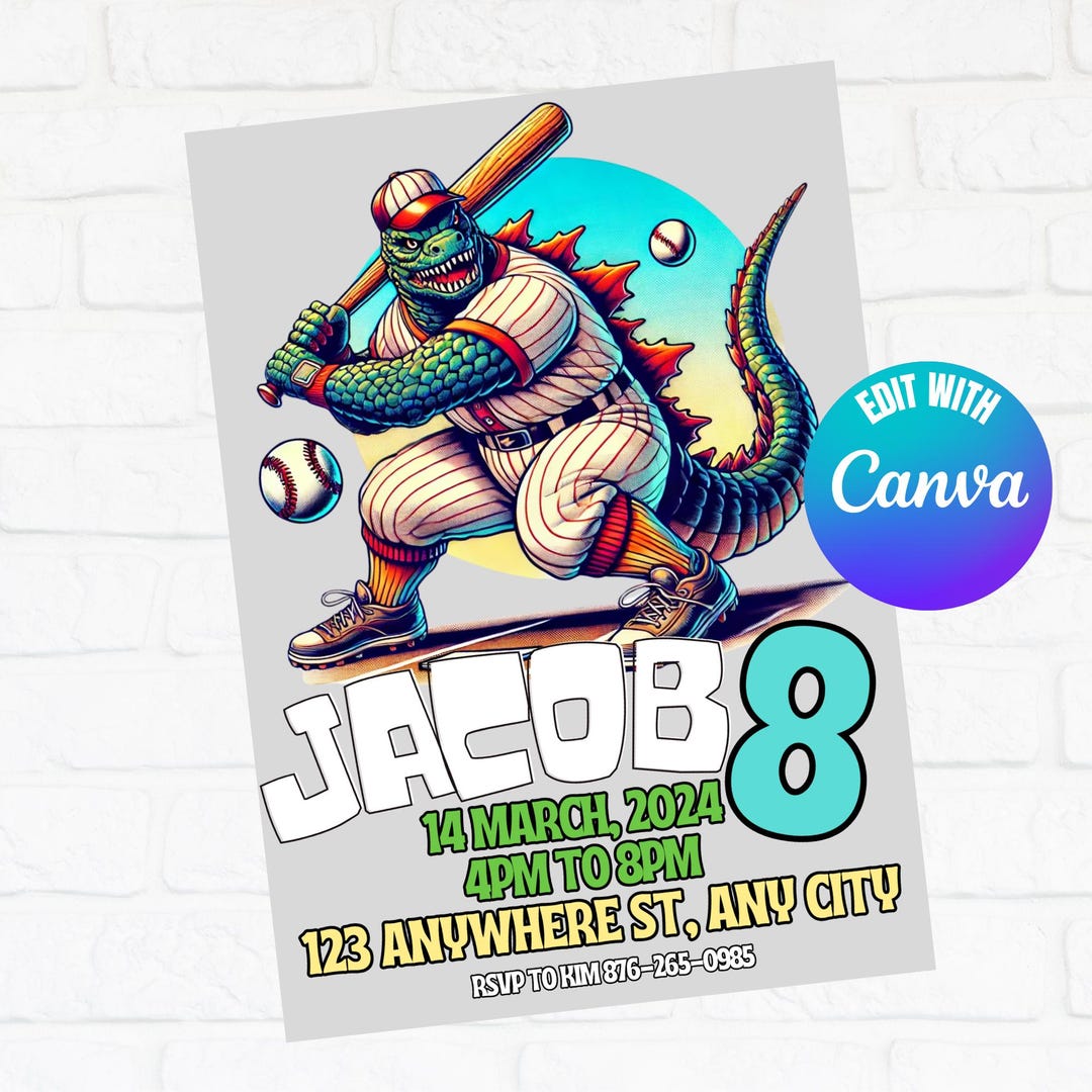 Godzilla Baseball Invitation, Godzilla Baseball Birthday Invitation ...