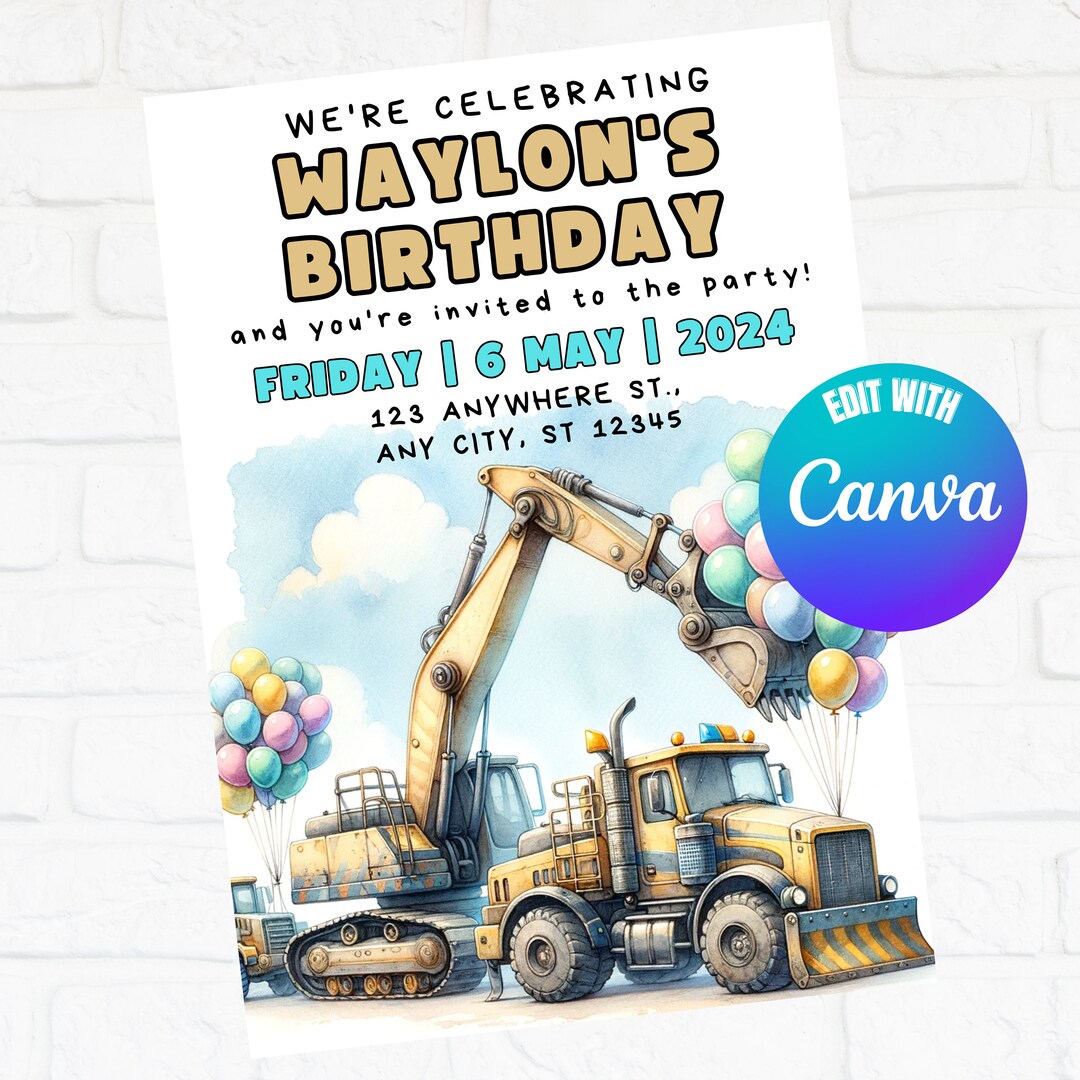 Excavator Birthday Invitation: Editable Canva Template (digital ...
