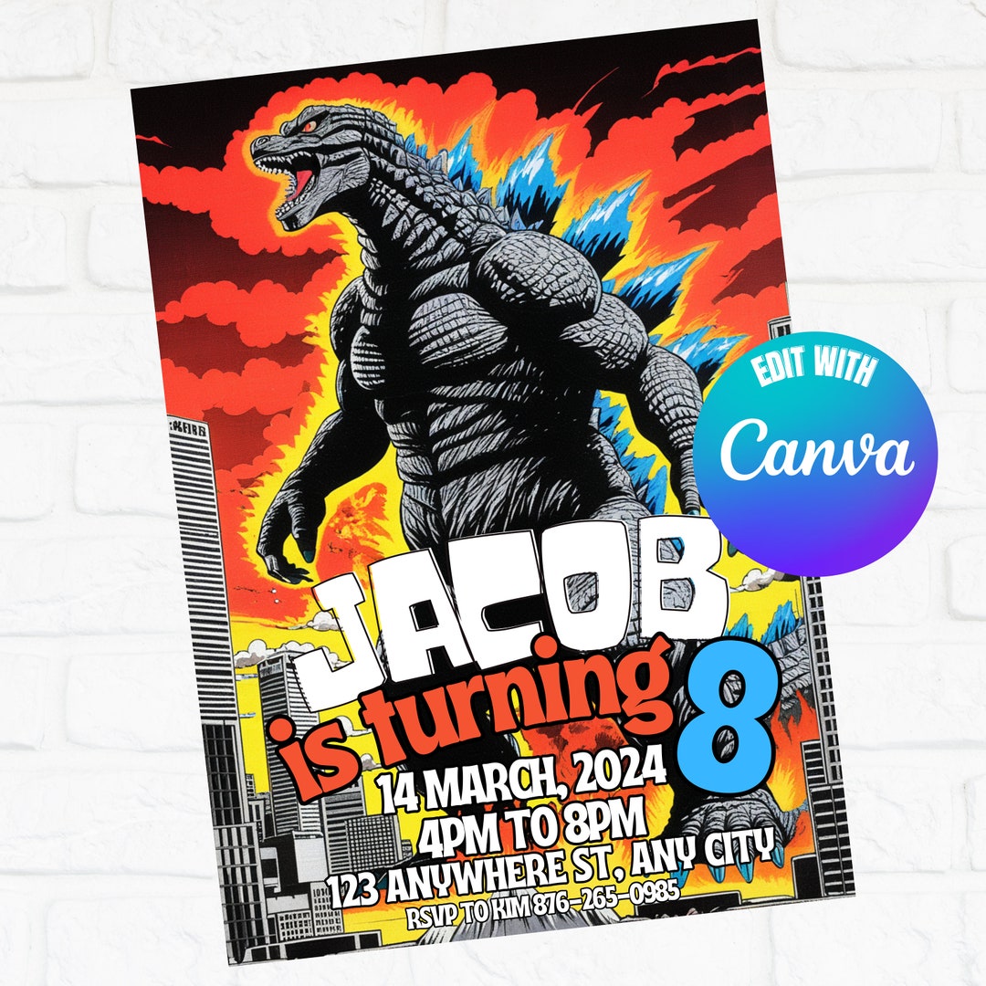 Godzilla Invitation, Godzilla Birthday Invitation, Godzilla Invite, Kid ...