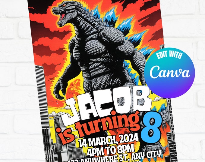 Godzilla Invitation, Godzilla Birthday Invitation, Godzilla Invite, Kid ...