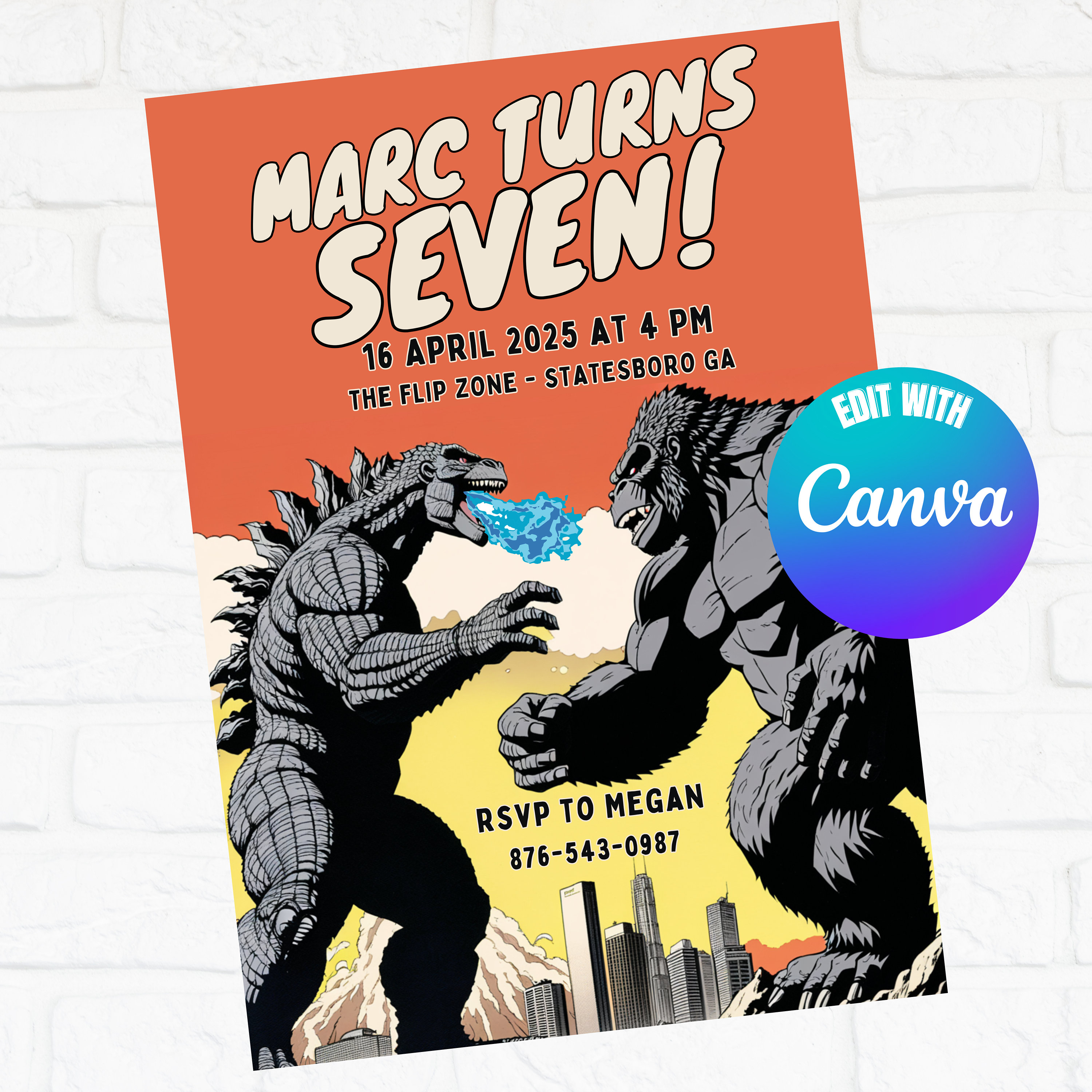 King Kong Vs Godzilla Birthday Invitation: Kid's Party Invite (editable ...