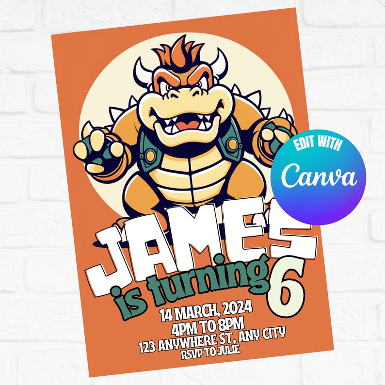 Bowser Birthday Invitation: Super Mario Bros, Editable Canva Template ...