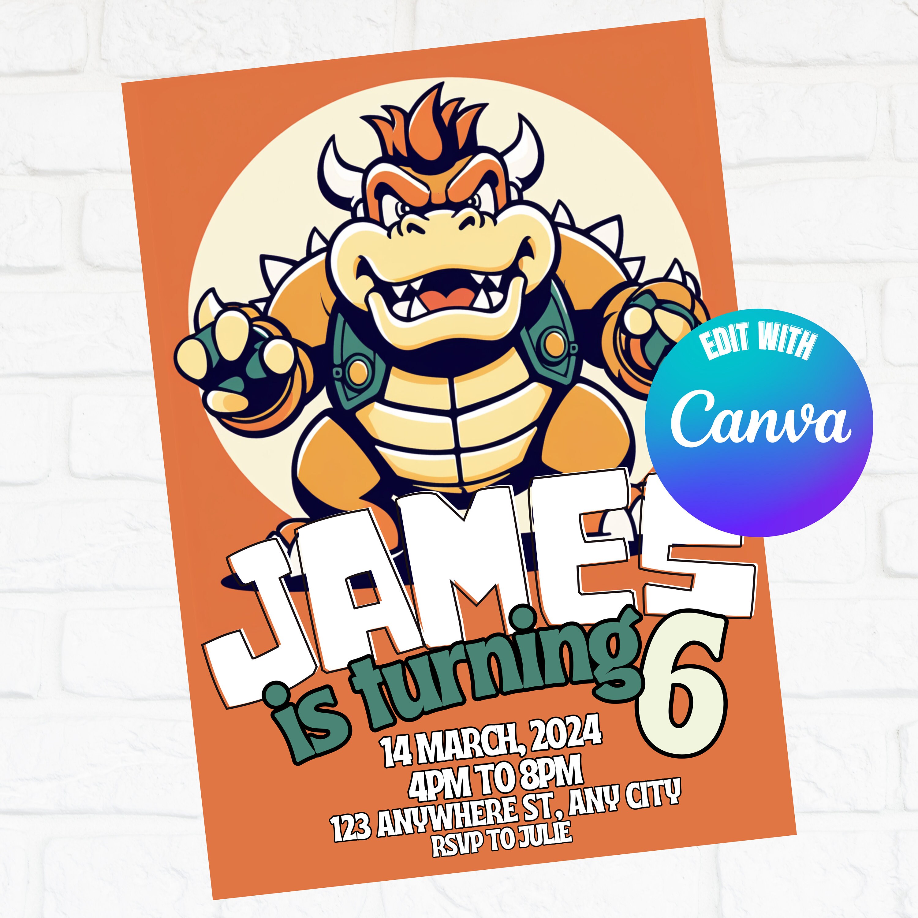 Bowser Birthday Invitation: Super Mario Bros, Editable Canva Template ...