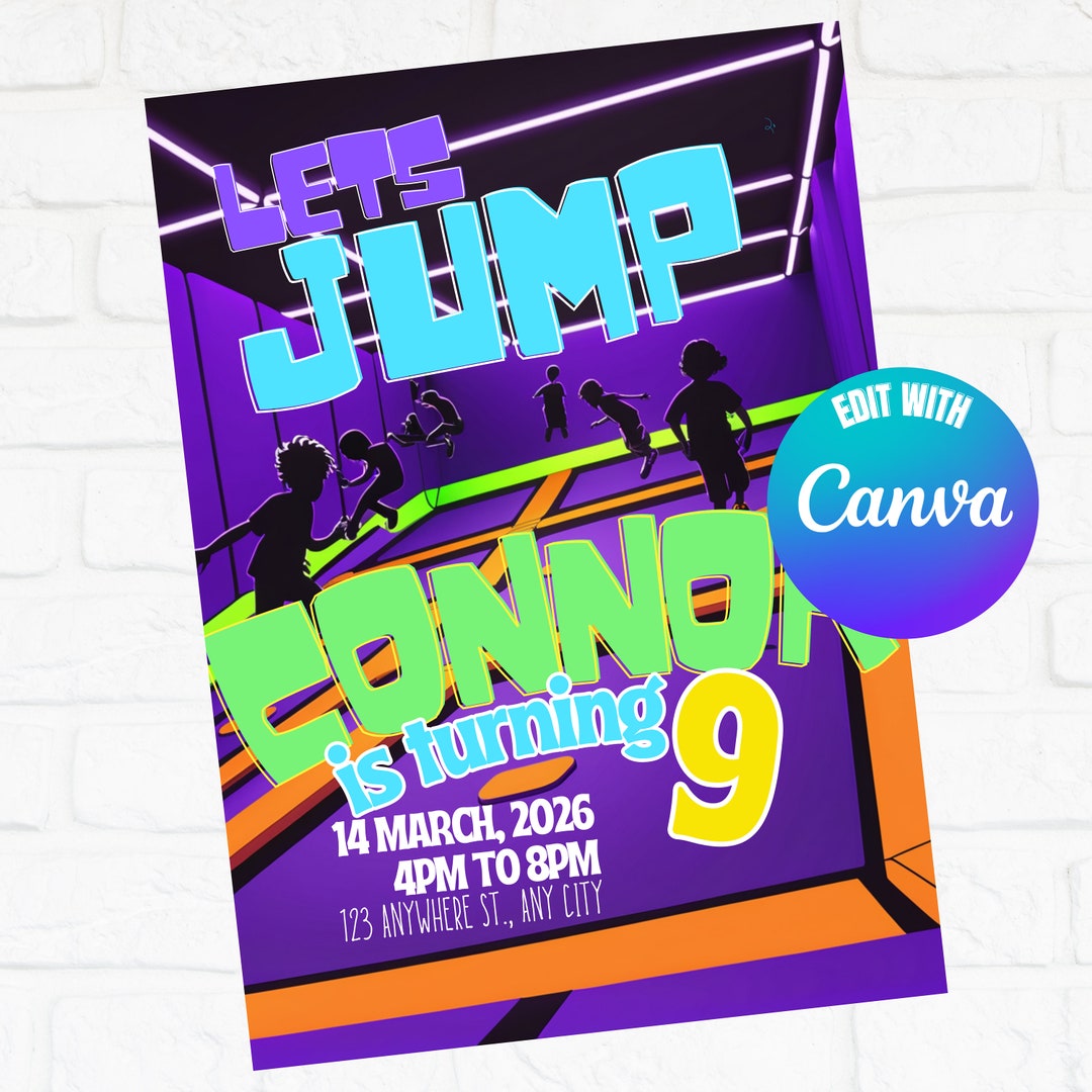 Trampoline Park Birthday Invitation: Jump Party, Editable Canva ...
