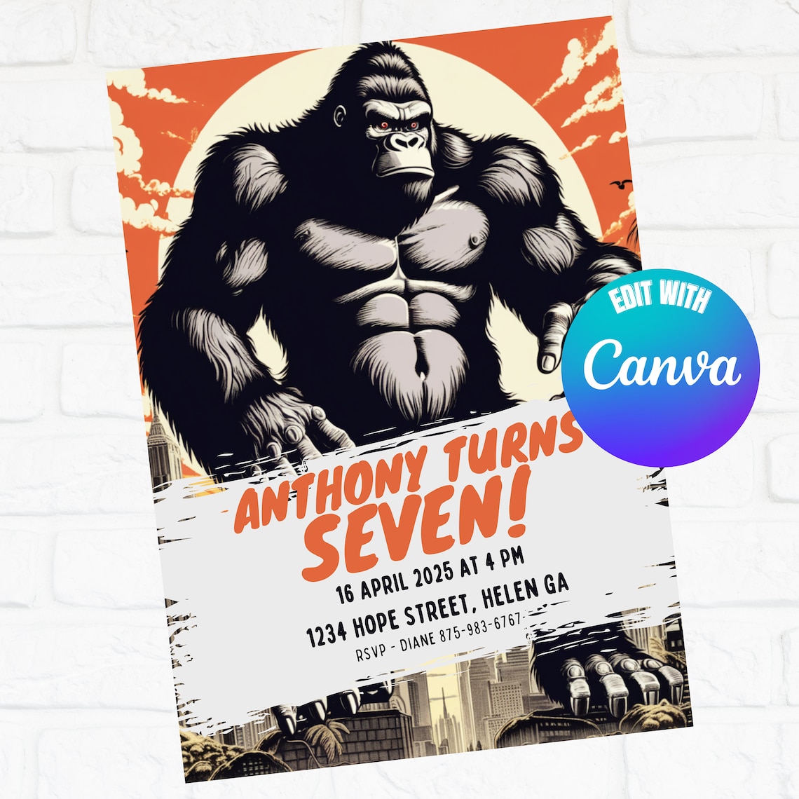King Kong Invitation, King Kong Birthday Invitation, Kid Invite ...