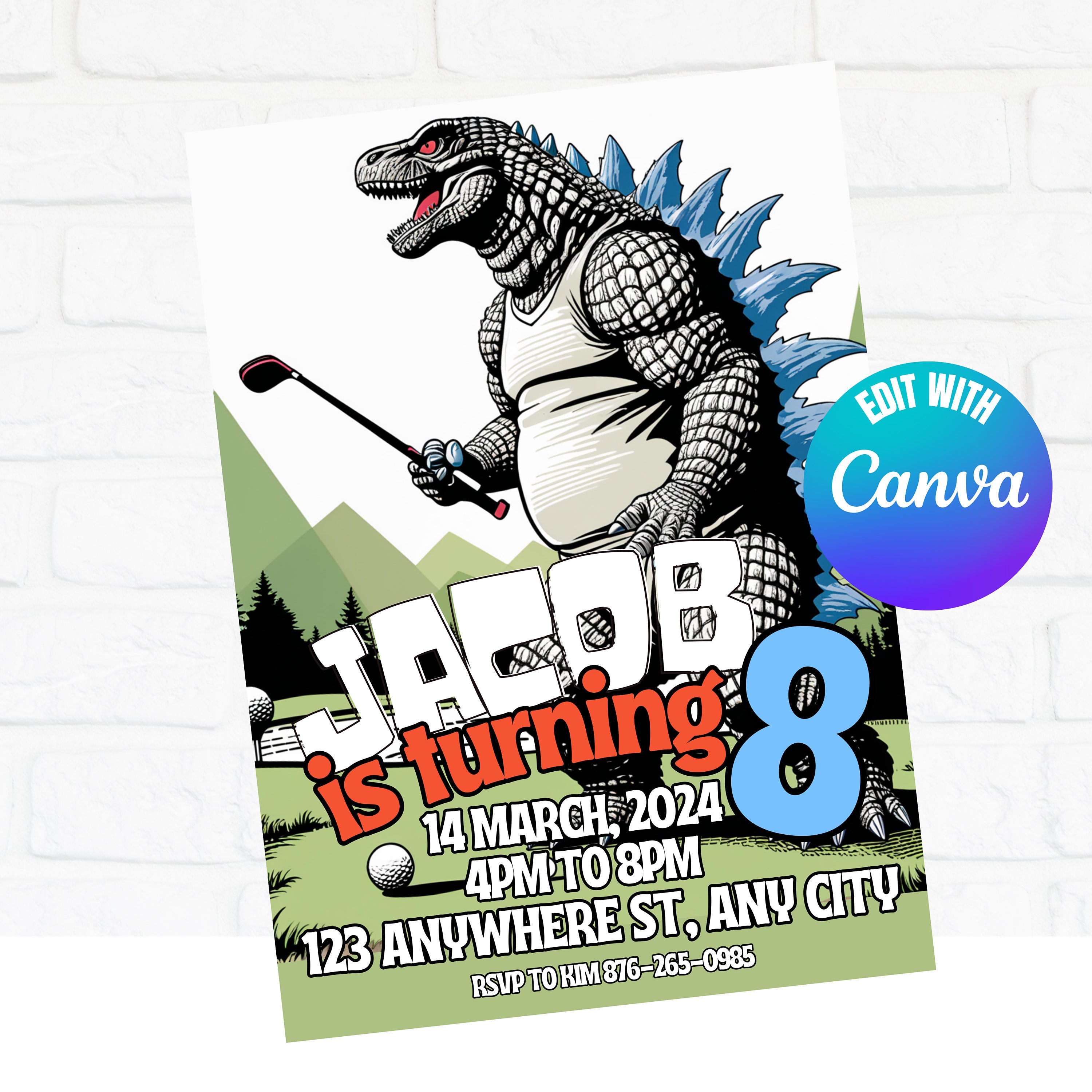 Godzilla Golf Birthday Invitation: Kid Invite, Editable Canva Template ...