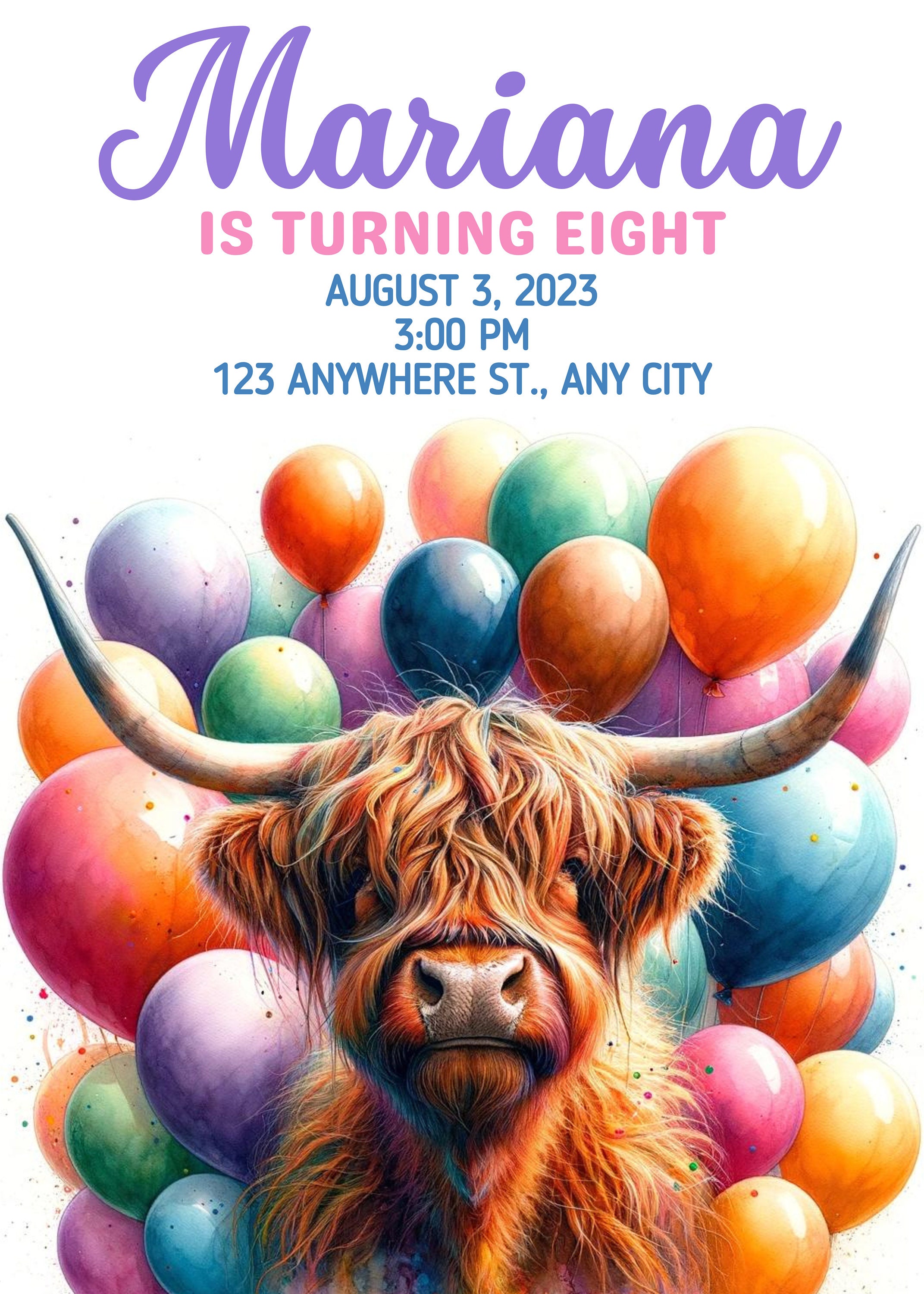 Highland Cow Birthday Invitation: Editable Canva Template (digital ...
