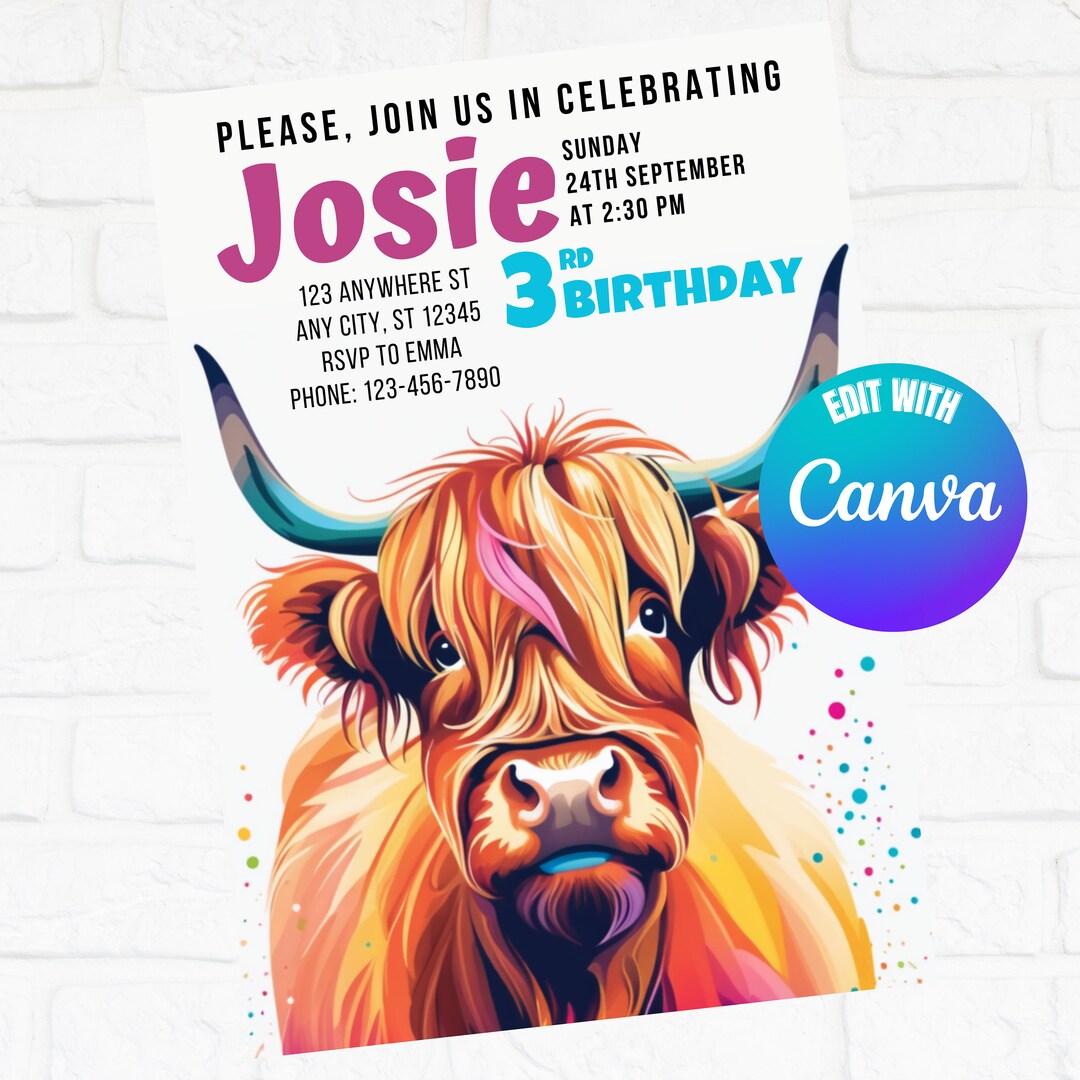Highland Cow Birthday Invitation: Editable Canva Template (digital ...