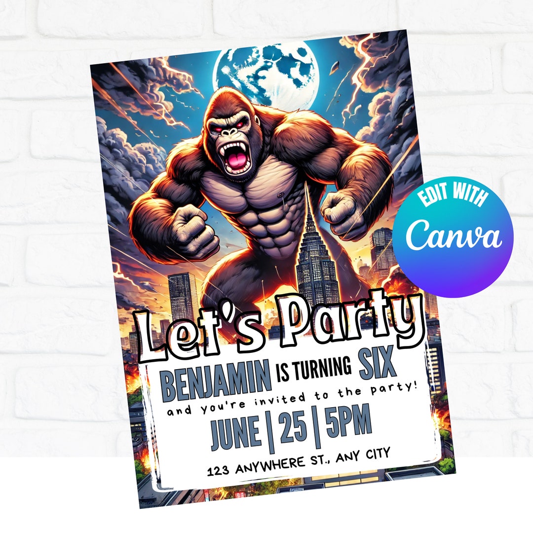 King Kong Birthday Invitation: Kid Party Invite, Editable Canva ...