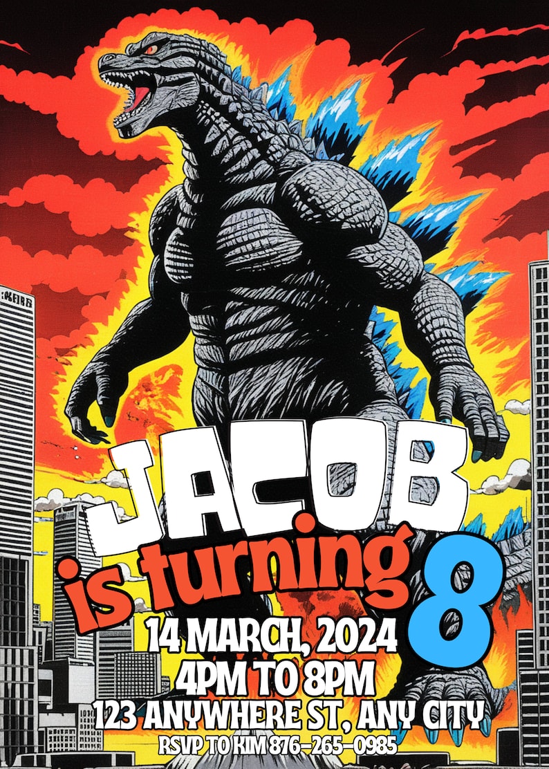 Godzilla Invitation, Godzilla Birthday Invitation, Godzilla Invite, Kid ...